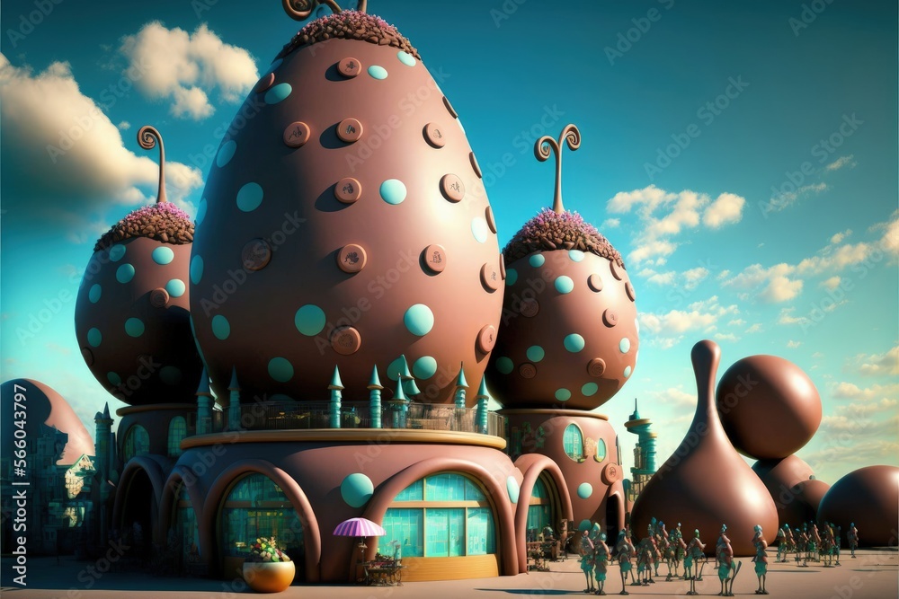 Chocolate factory in fantasy world, giant easter egg factory, digital ...