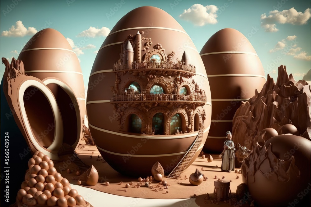 Chocolate factory in fantasy world, giant easter egg factory, digital ...