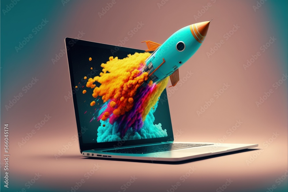 Rocket taking off from laptop releasing colorful smoke, startup concept ...
