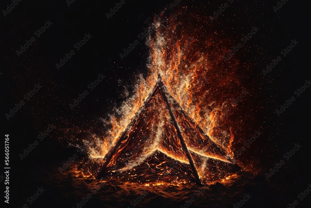 a triangle is shown in flames on a black background with a black ...