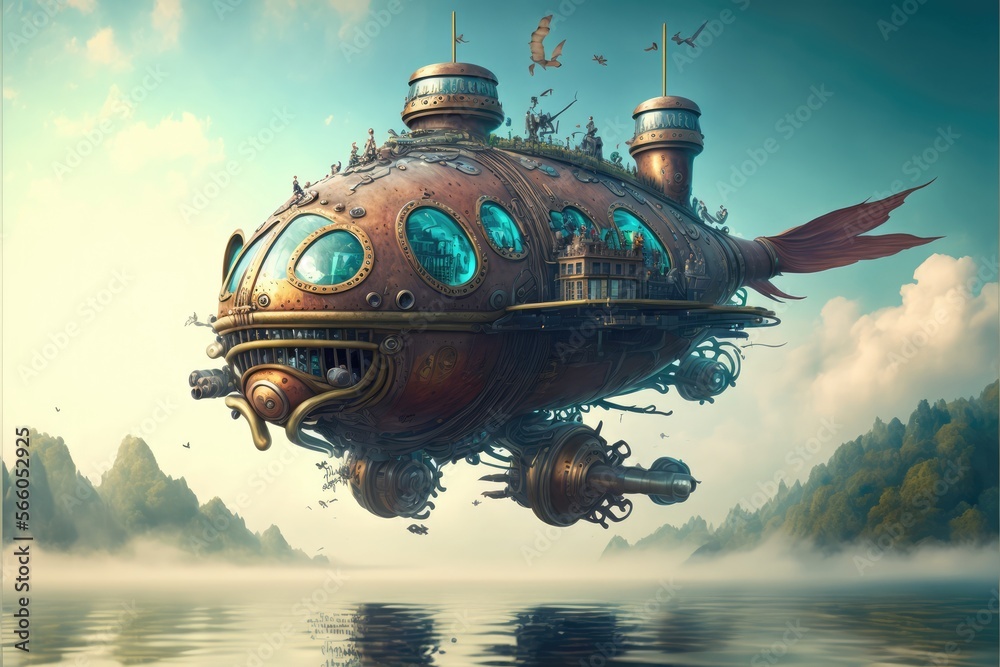 In true steampunk fashion, a massive airship can be seen hovering just ...