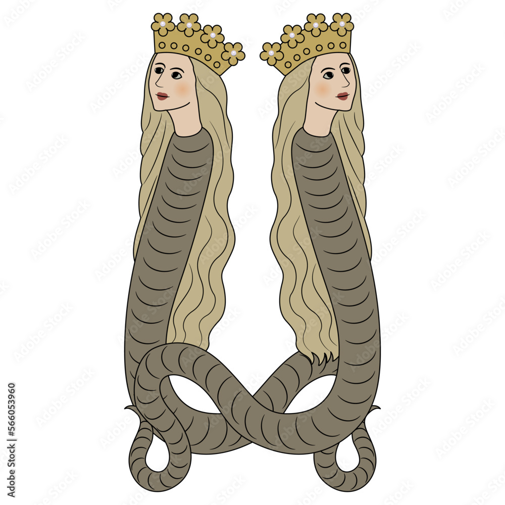 Symmetrical design with two fantastic female snakes in royal crowns ...