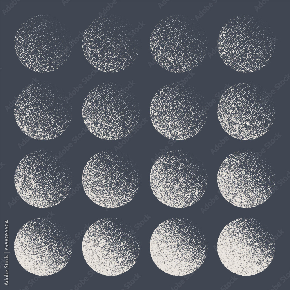 Round shaped dotted objects, stipple elements. Fading gradient ...