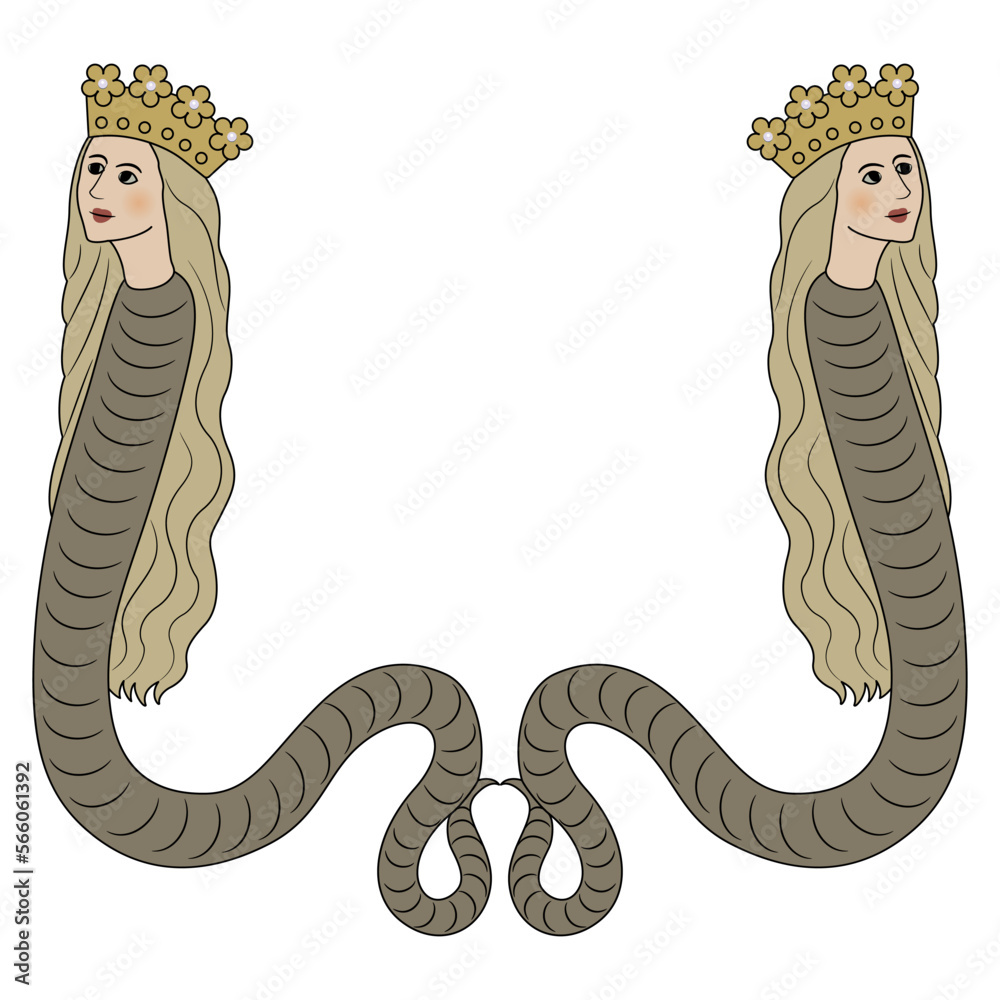 Symmetrical design with two fantastic female snakes in royal crowns ...