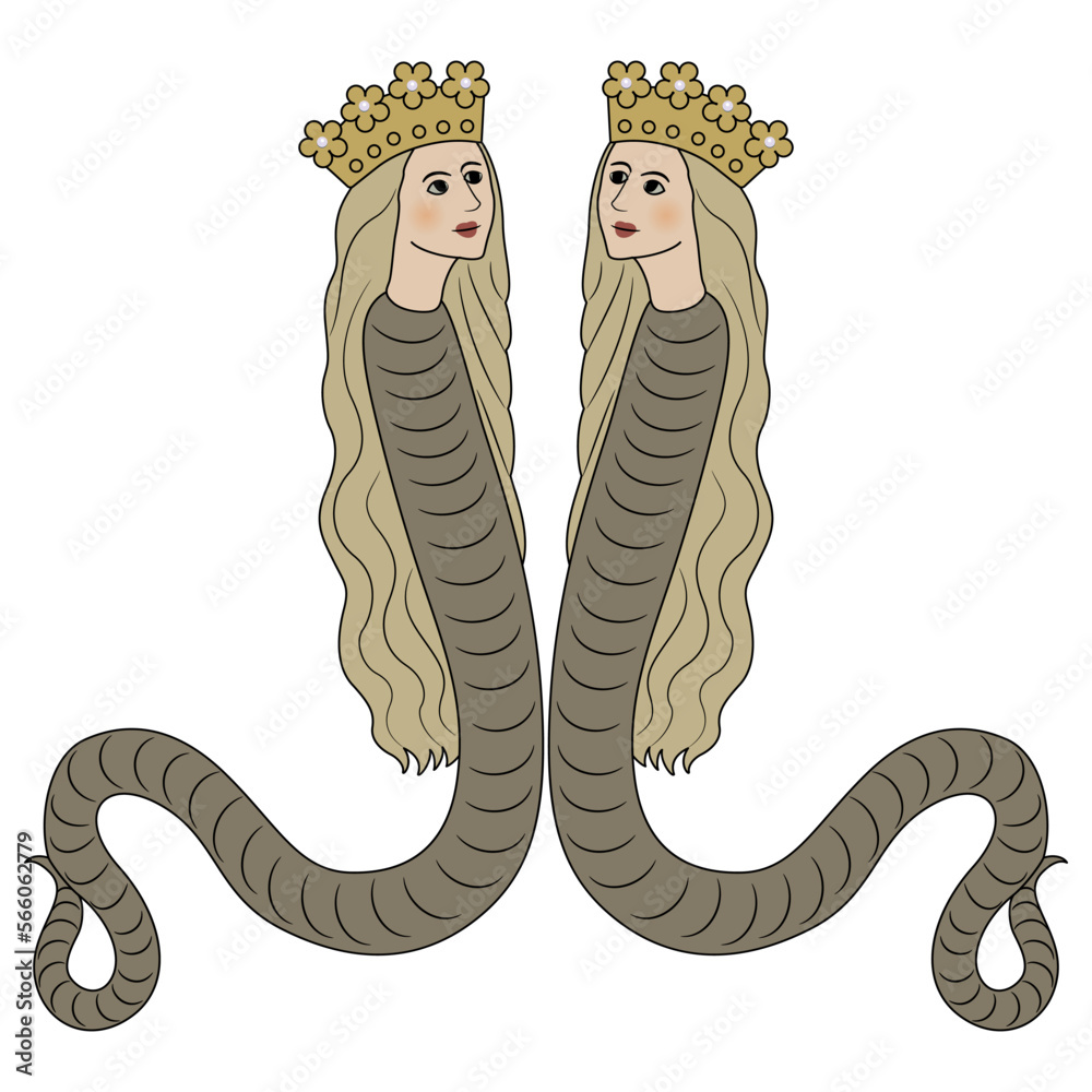 Symmetrical design with two fantastic female snakes in royal crowns ...