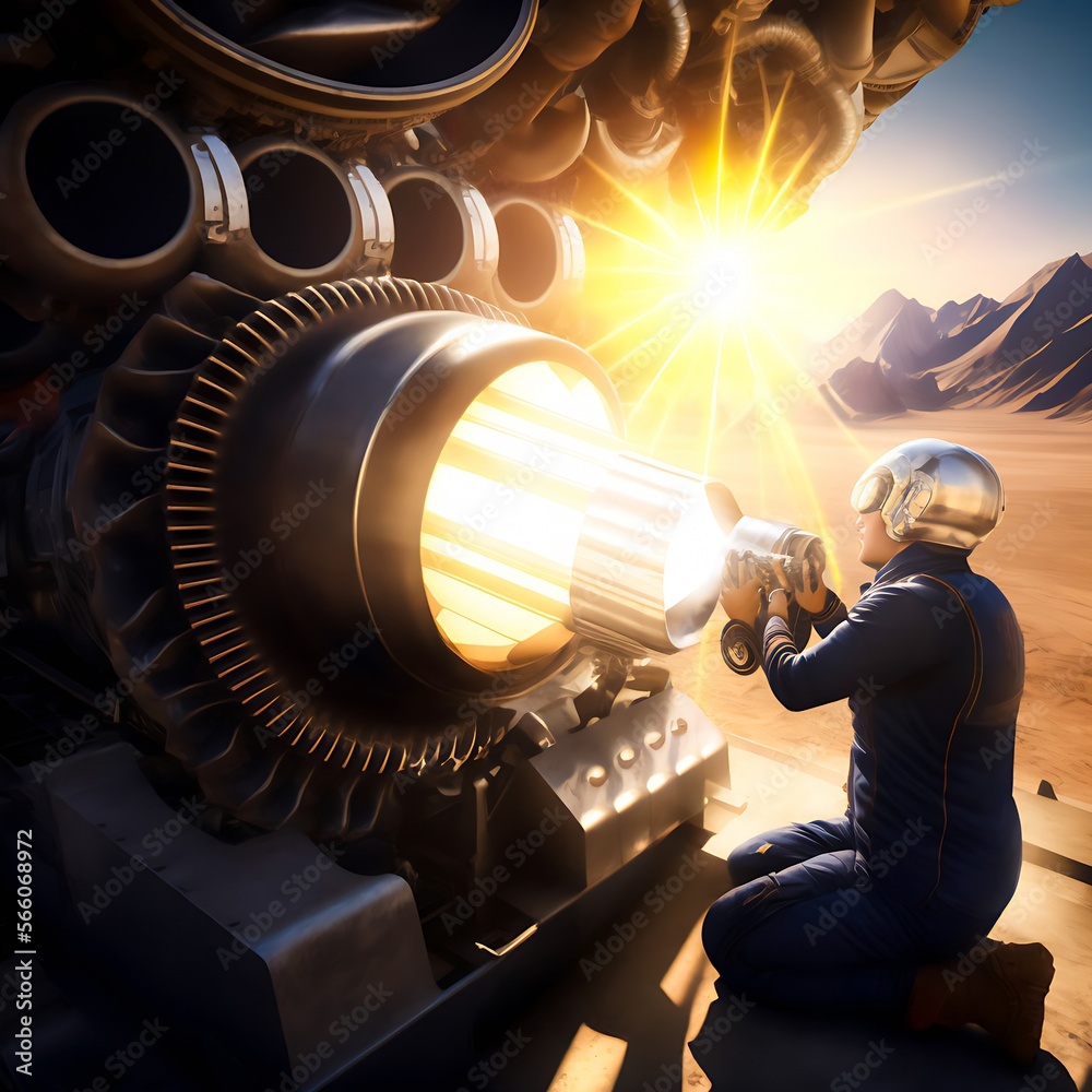 ภาพประกอบสต็อก An engineer is repairing the engine of his spacecraft, a ...