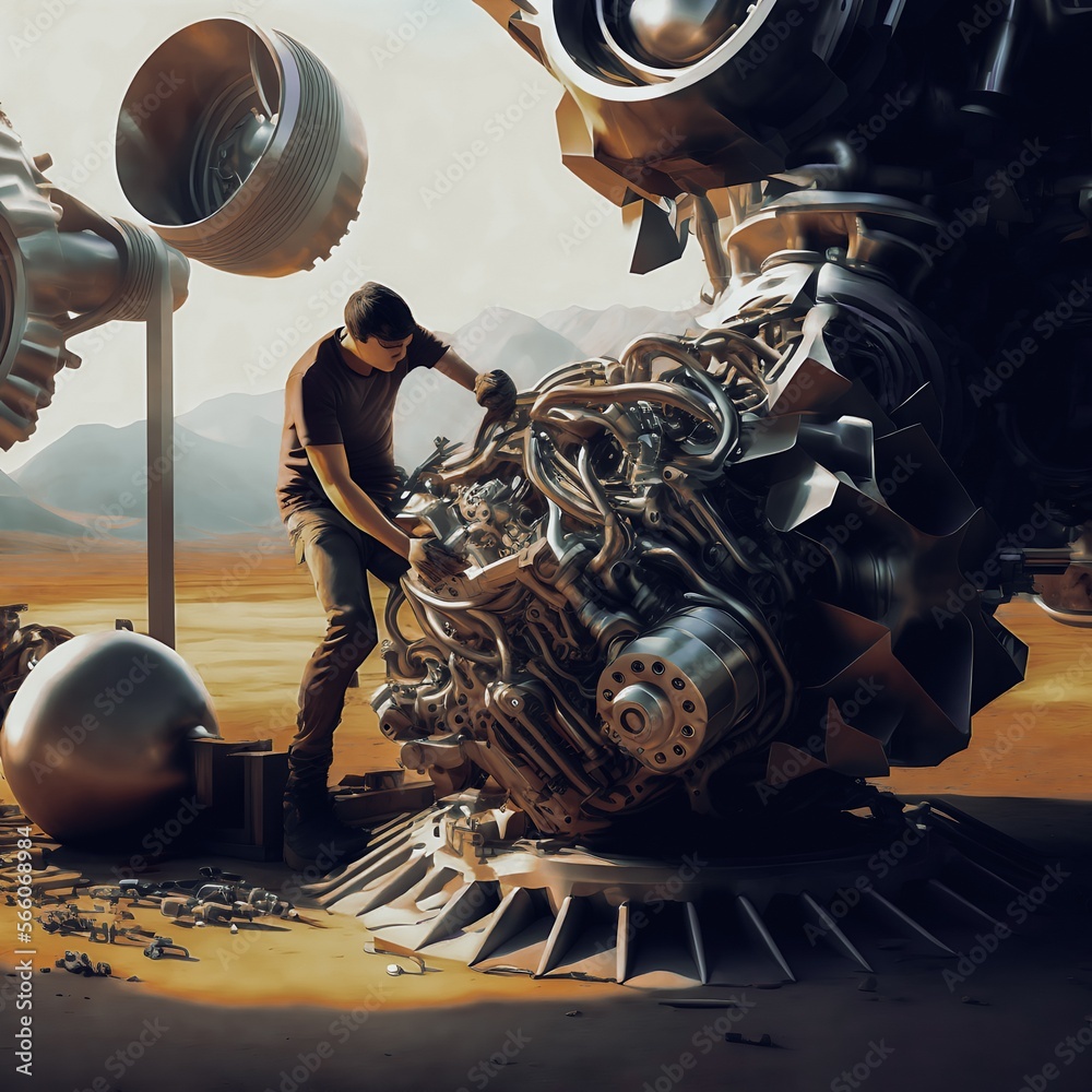 ภาพประกอบสต็อก An engineer is repairing the engine of his spacecraft, a ...