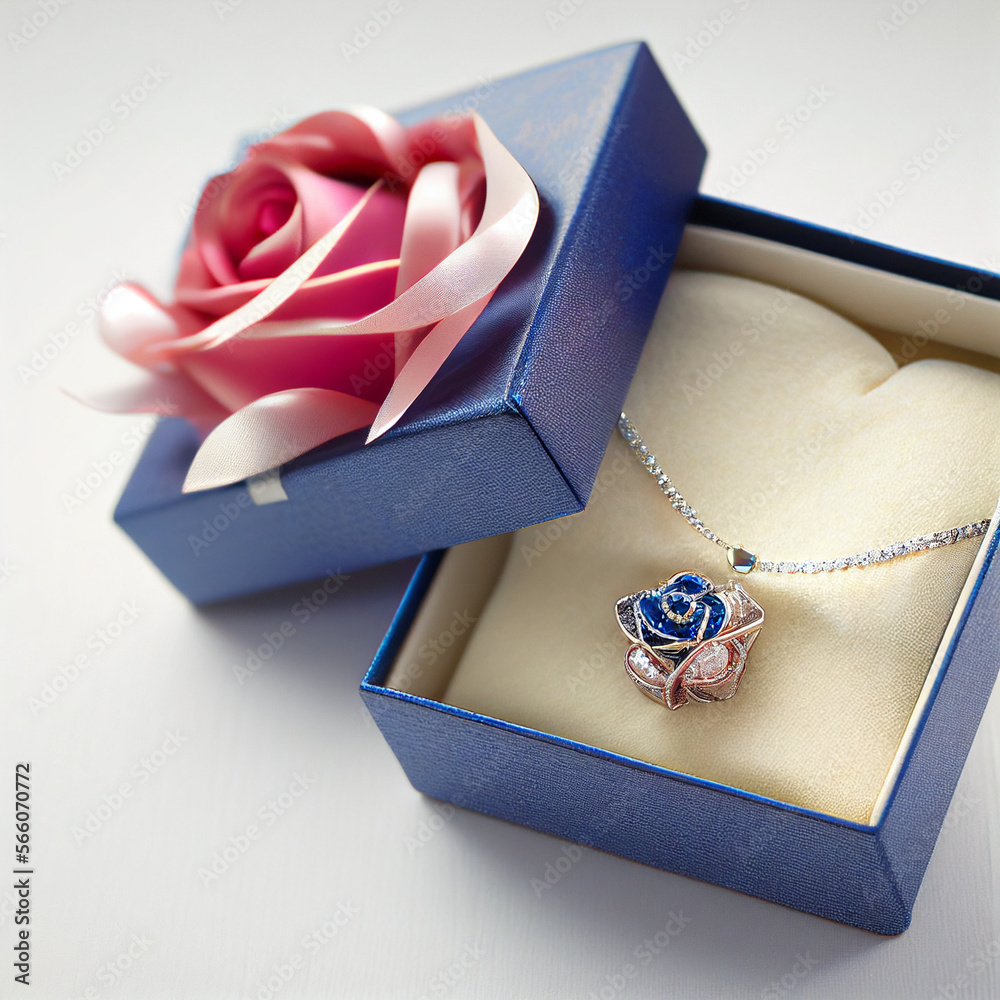 Necklace with rose-shaped pendant in a gift box with pink rose on top ...