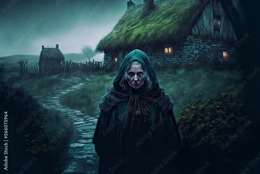 Banshee, old woman, Irish landscape, farmhouse, path, raining, dark ...