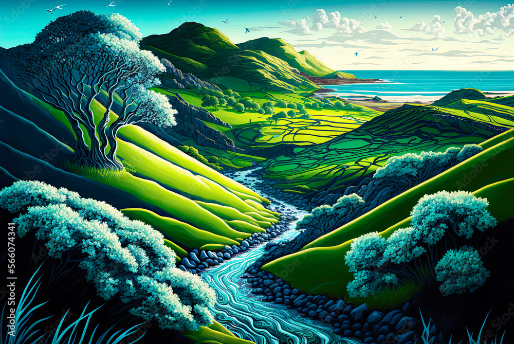 Irish landscape, stylized, river, hills, trees, fields, ocean ...