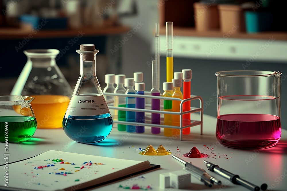 Labware on a messy table in a chemistry lab, Generative AI Stock ...