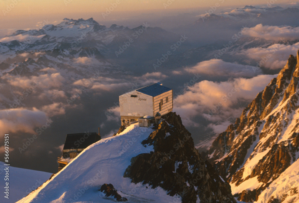 Vallot Hut (4320m), in the normal road to climb the Mont Blanc, the ...
