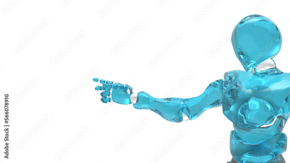 Detailed appearance of the clear blue AI robot under white background ...