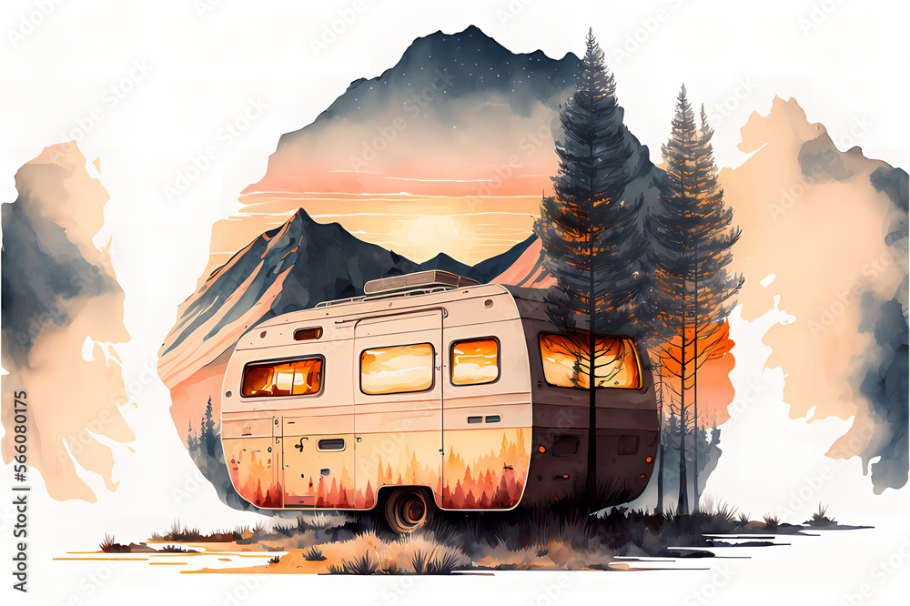 Generative AI drawing of a caravan in the mountains Stock Illustration ...