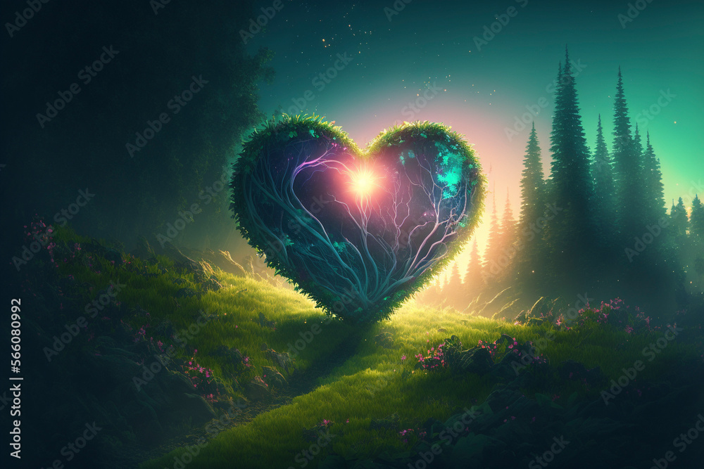 An enchanted forest with a magical heart time portal revealing an aurora borealis of vibrant ...