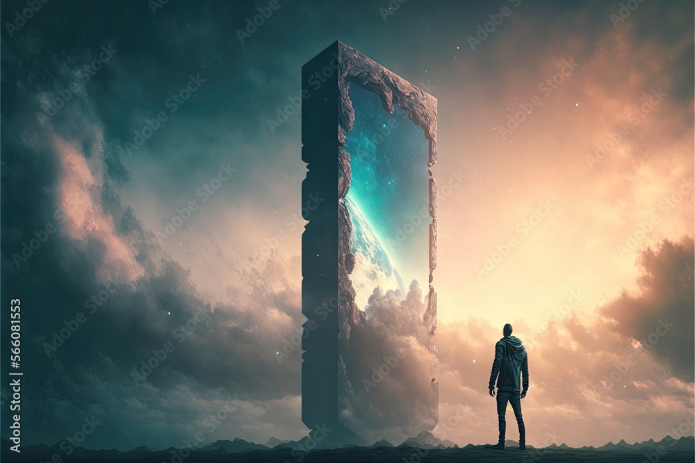 Mysterious man gazed upon a floating monolith in the sky - AI Generated ...