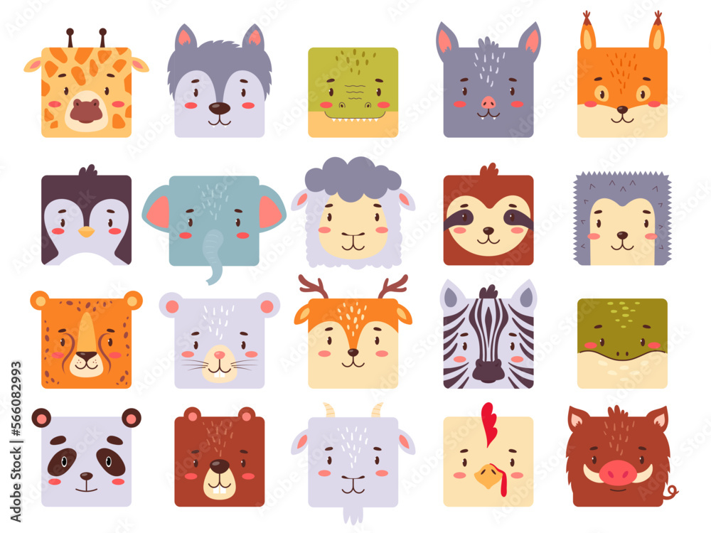 Square animal faces set for UI or mobile application. Cute kawaii ...