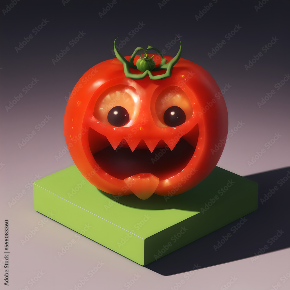 This macabre tomato has a pumpkin-like appearance with eyes and teeth ...