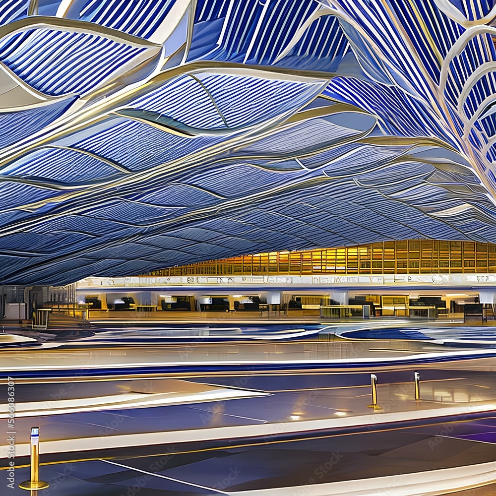 An Art Deco inspired airport terminal with sleek lines and geometric ...