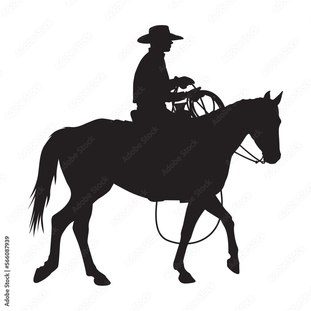 A vector silhouette of a working ranch cowboy riding a horse. The ...