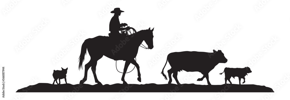 A vector silhouette of a working ranch cowboy riding a horse . The cowboy is holding a lasso ...