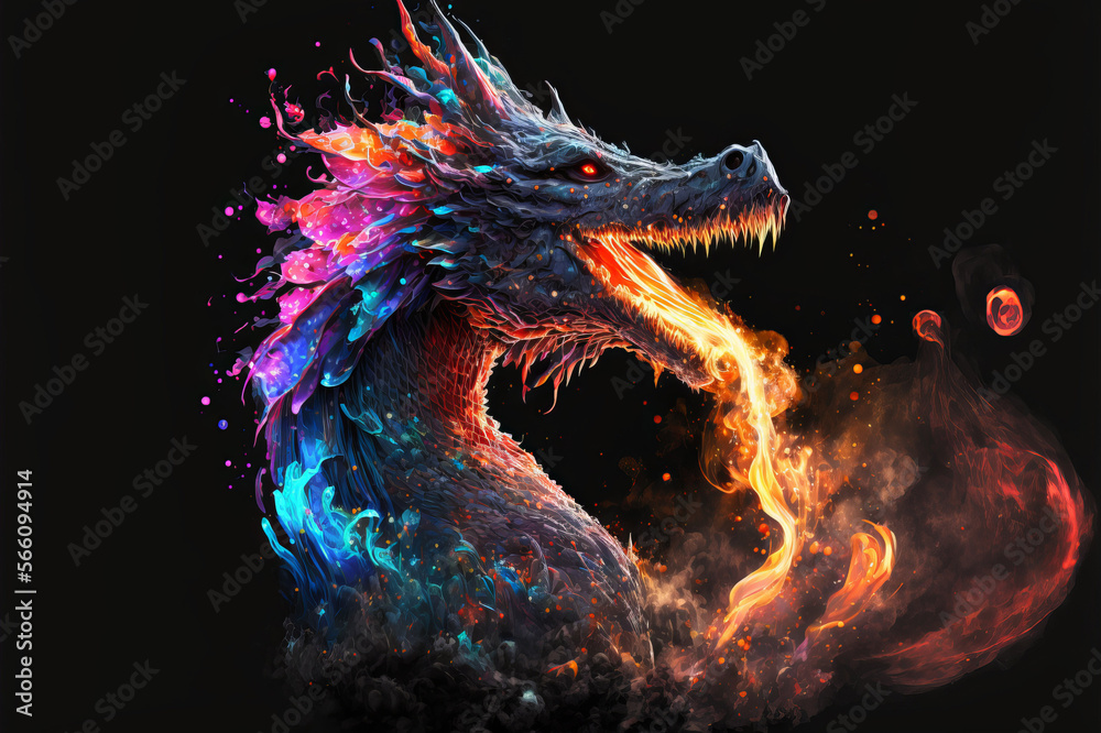 Rainbow prismatic dragon breathing fire and smoke on a black background ...