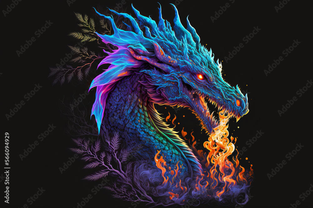 Rainbow prismatic dragon breathing fire and smoke on a black background ...