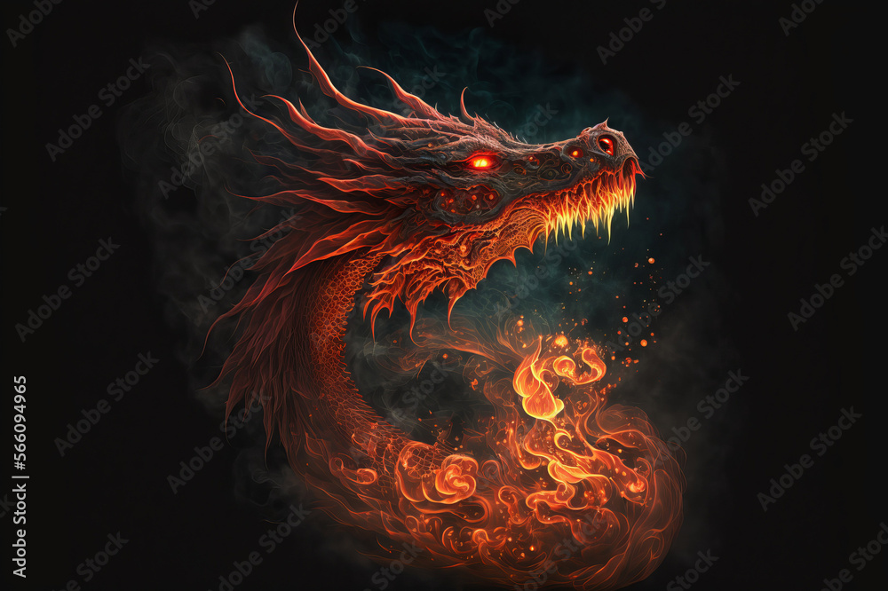 Red dragon breathing fire and smoke on a black background. Mythological ...