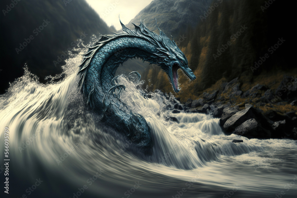 Sea serpent emerging out of the water creating large waves with ...