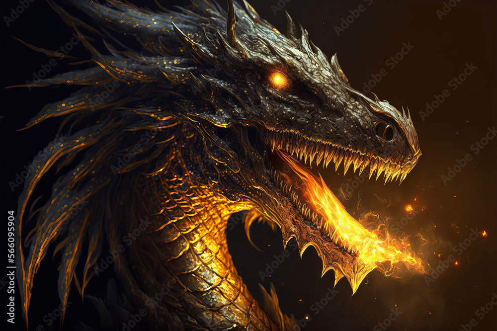 Gold dragon breathing gold fire on a black background. Mythological ...