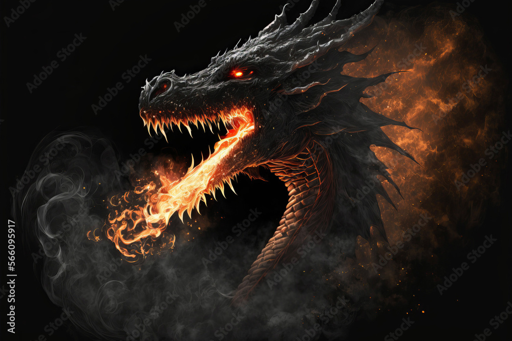Black dragon breathing golden fire and smoke on a black background. Mythological Creature. 素材庫插圖 ...