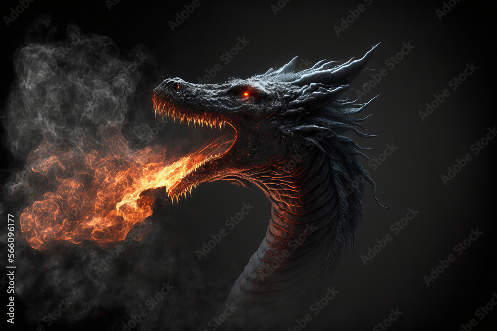 Black dragon breathing golden fire and smoke on a black background ...