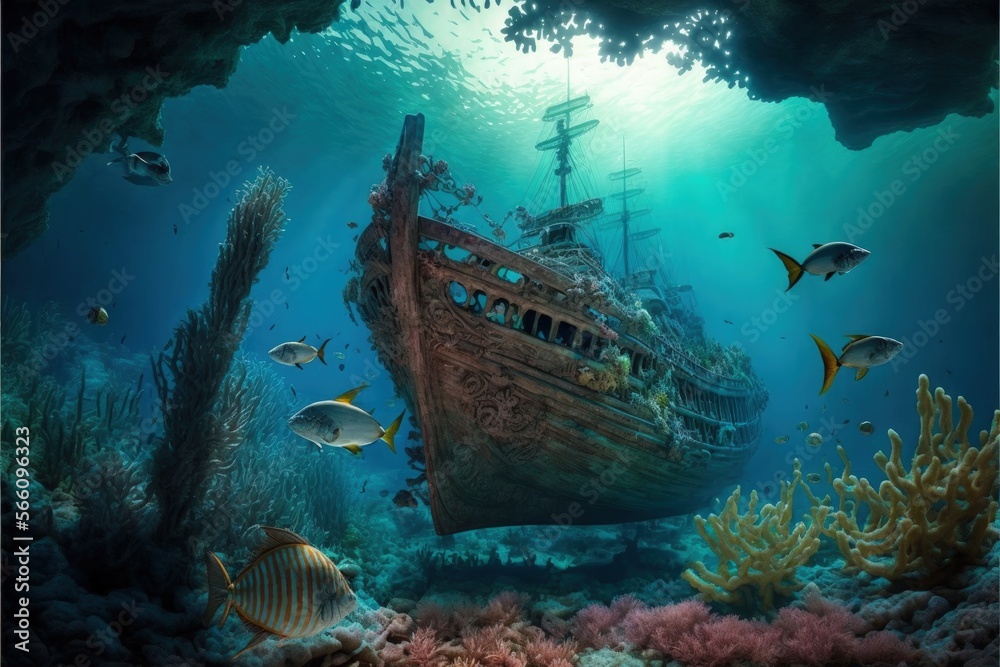 Illustration of pirate ship under the sea with corals and fish ...