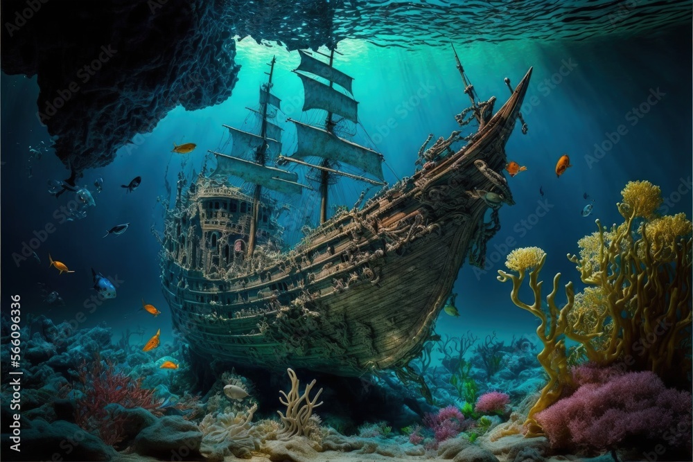 Illustration of pirate ship under the sea with corals and fish ...