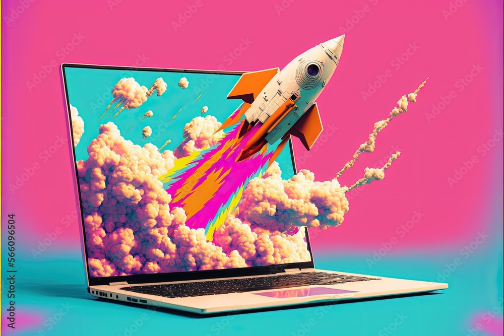 Illustration of rocket coming out of laptop screen, colorful background ...