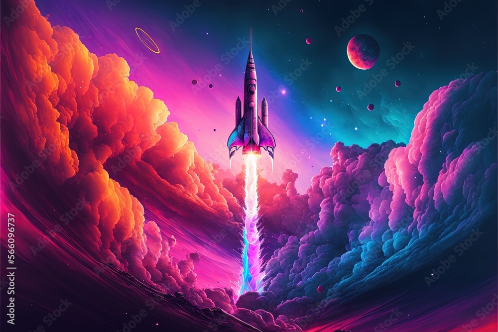 Landscape illustration with rocket taking off, vaporwave style ...