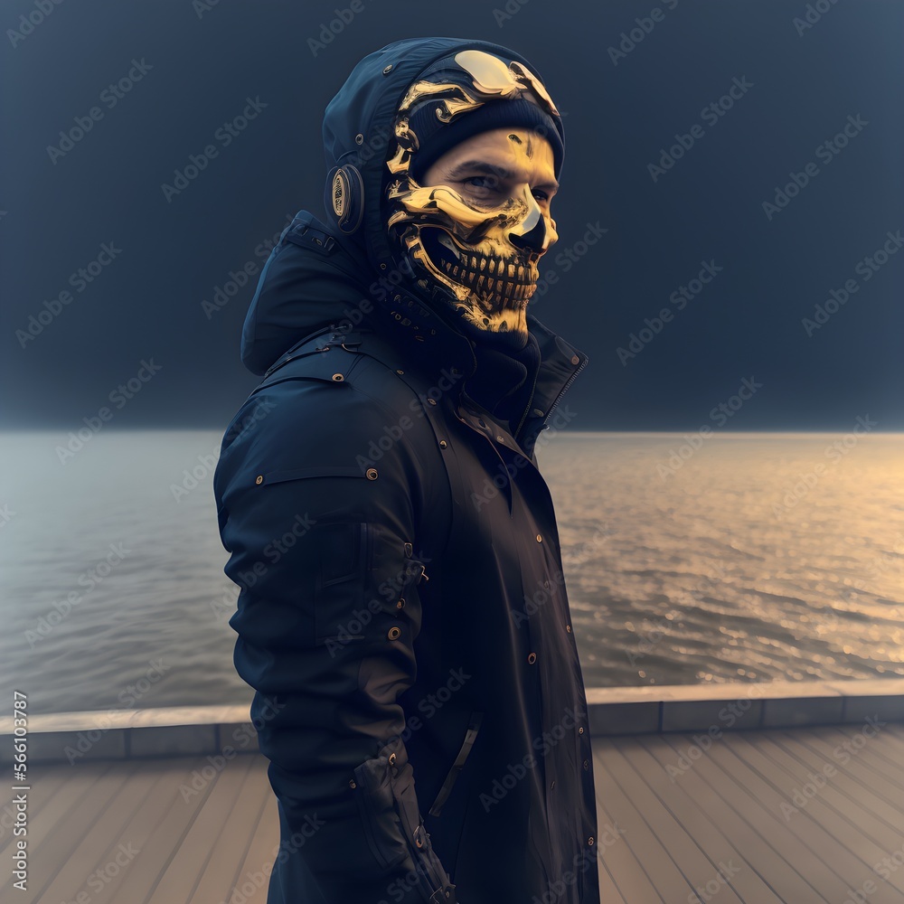 Character Military man wearing a golden skull mask futuristicmodern ...