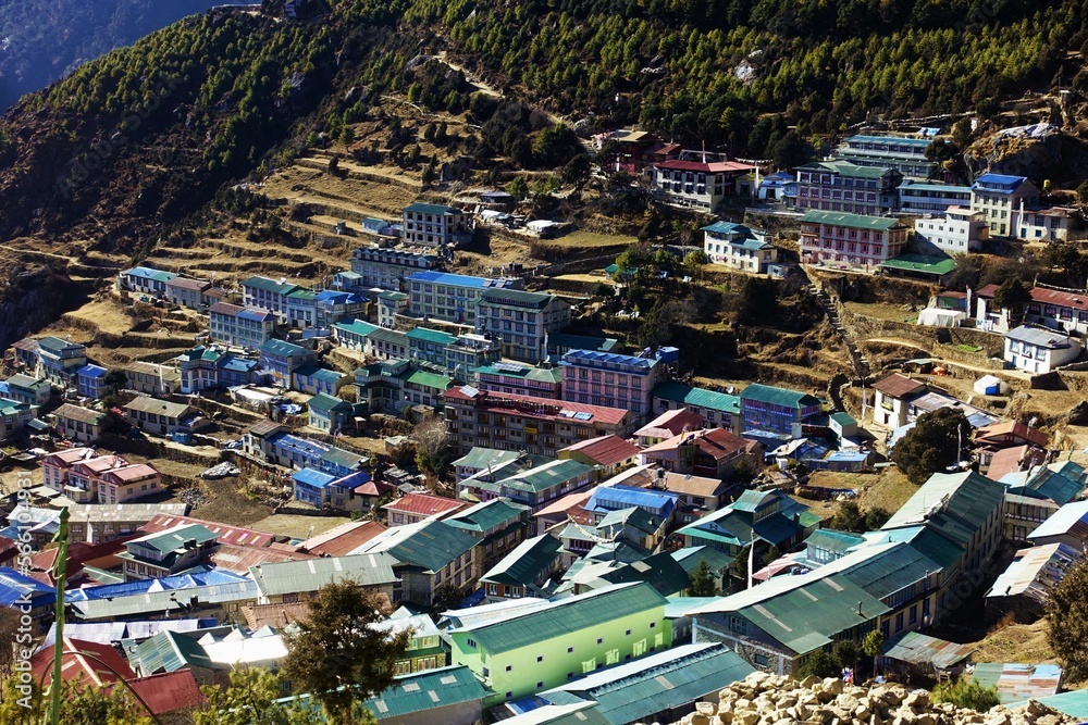 Panoramic view of Namche Bazaar, Solukhumbu, Nepal, the Gateway to the ...