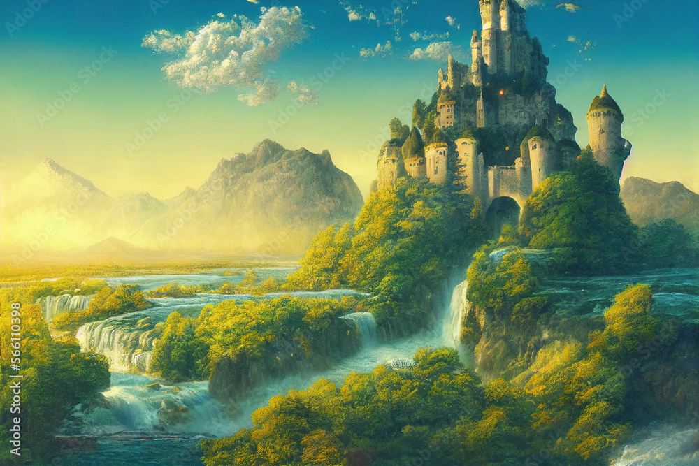 Beautiful digital art generative AI of fantasy fairy tale castle on waterfall with hills and ...