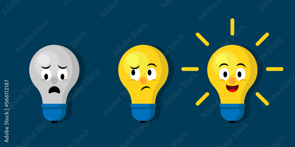 Emoticons light bulb with rays shine. Cute flat light bulb emoticon ...