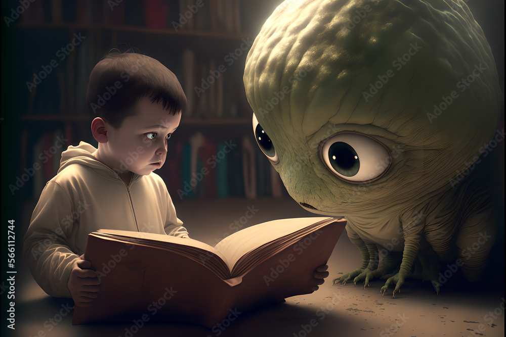 A brave boy is reading a book to his greem alien monster from under the ...