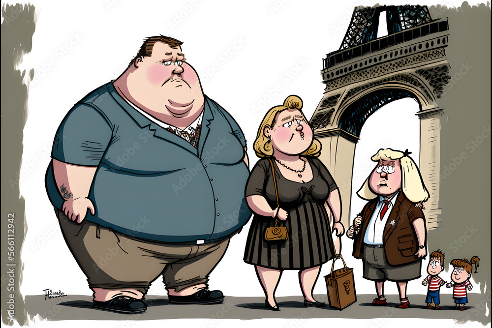 Cartoon caricature of big american tourists in Paris, next to the ...
