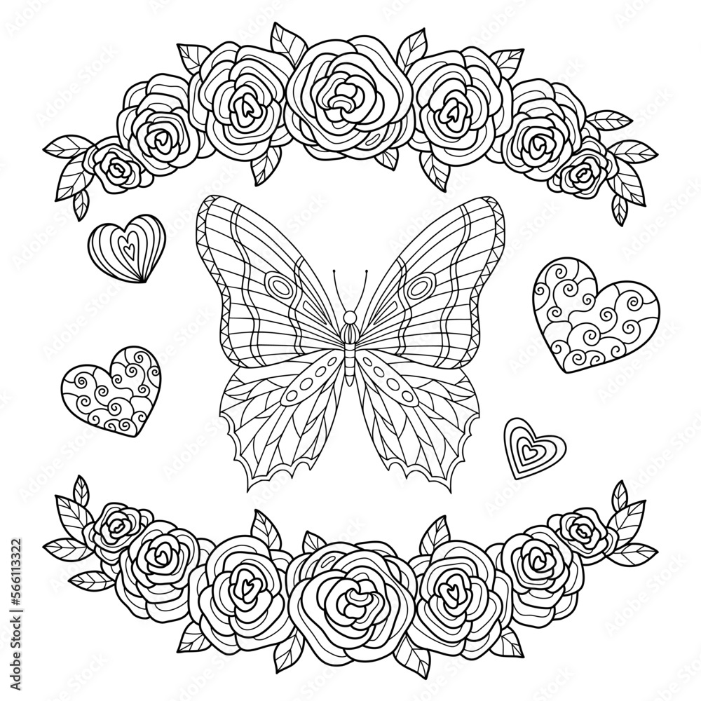 Lovely butterfly with roses bouquet in zentangle style. Coloring book ...