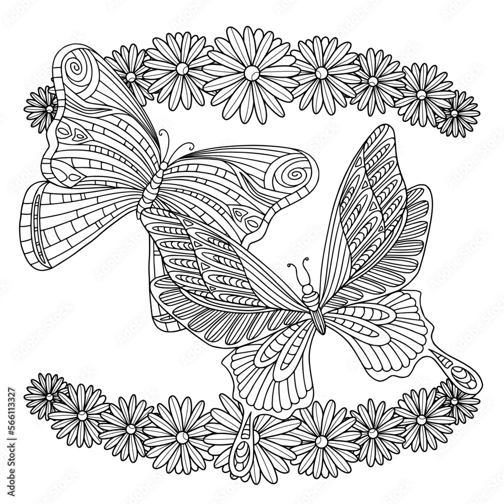 Two beautiful butterflies with spring flowers bouquet. Coloring book ...