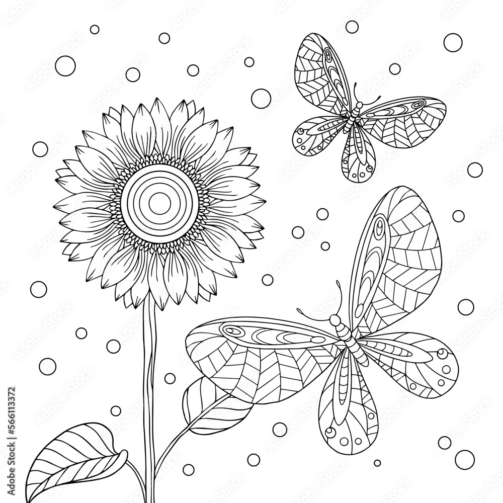Summer line art with sunflower and butterflies. Nature motives ...