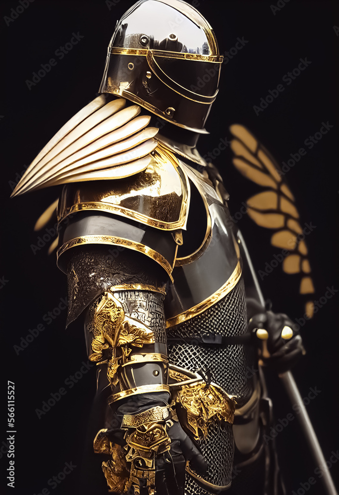 Medieval royal knight. Ancient steel warrior. Dragon Slayer. Golden ...