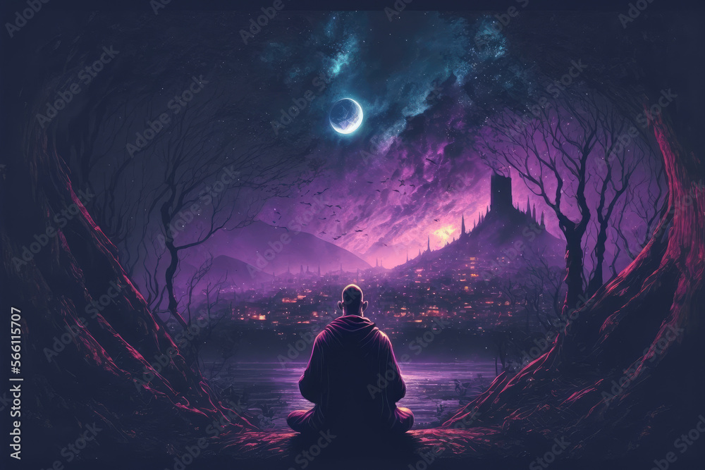 Buddhist Monk Meditating In Dark