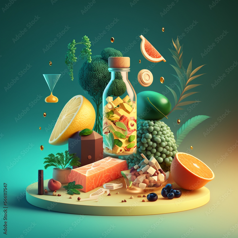 Generative Ai conceptual food 3d illustration, fresh fruits and ...