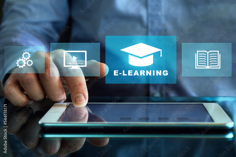 e-learning, online education concept with webinar or video tutorial ...