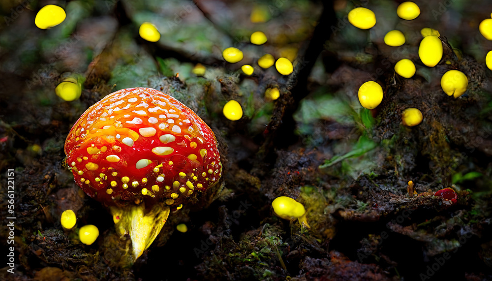 Amanita muscaria glowing red top mushroom releasing spores yellow ...